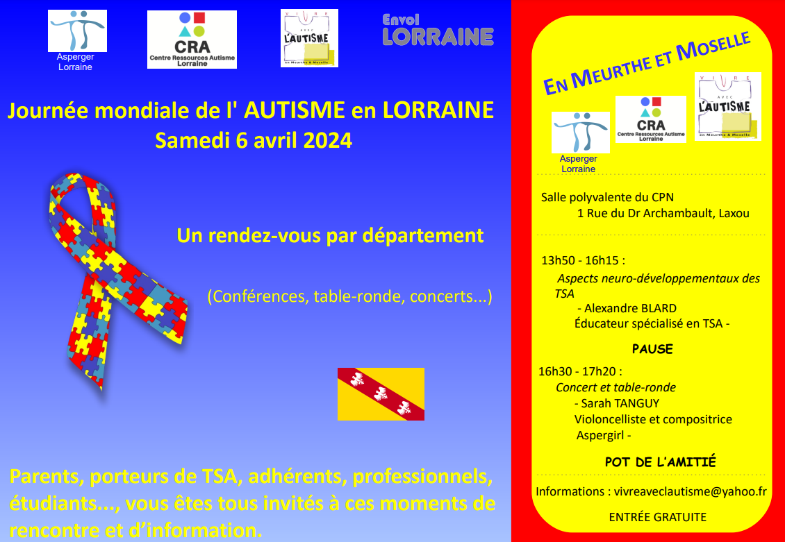 Le Collectif Handicap 54 Journée mondiale de l’autisme 2024 en Meurthe-et-Moselle : Le 6 avril 2024.
